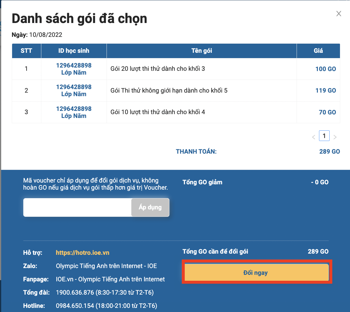 Hướng dẫn cách đổi Go sang gói dịch vụ IOE